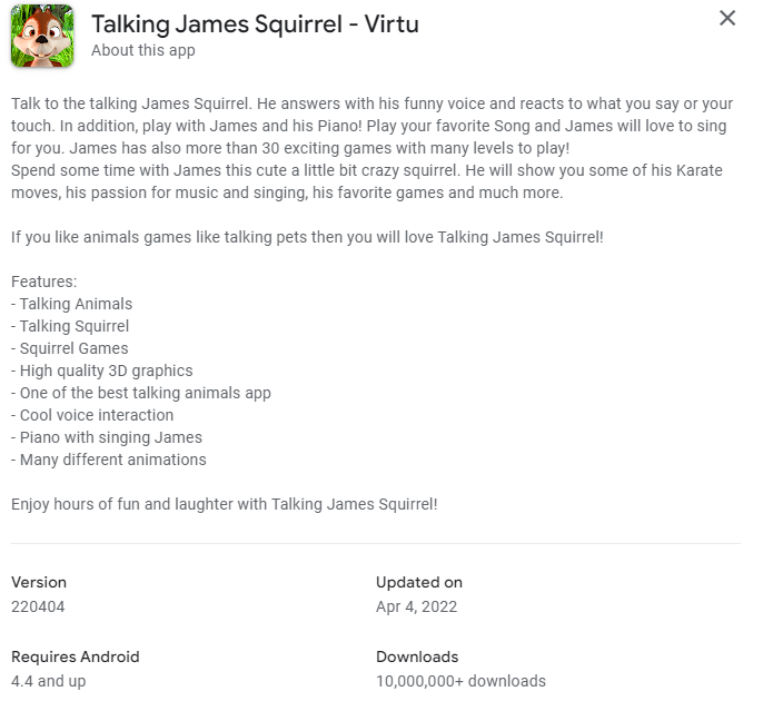 COPPA Reviews: 'Talking James Squirrel-Virtu'